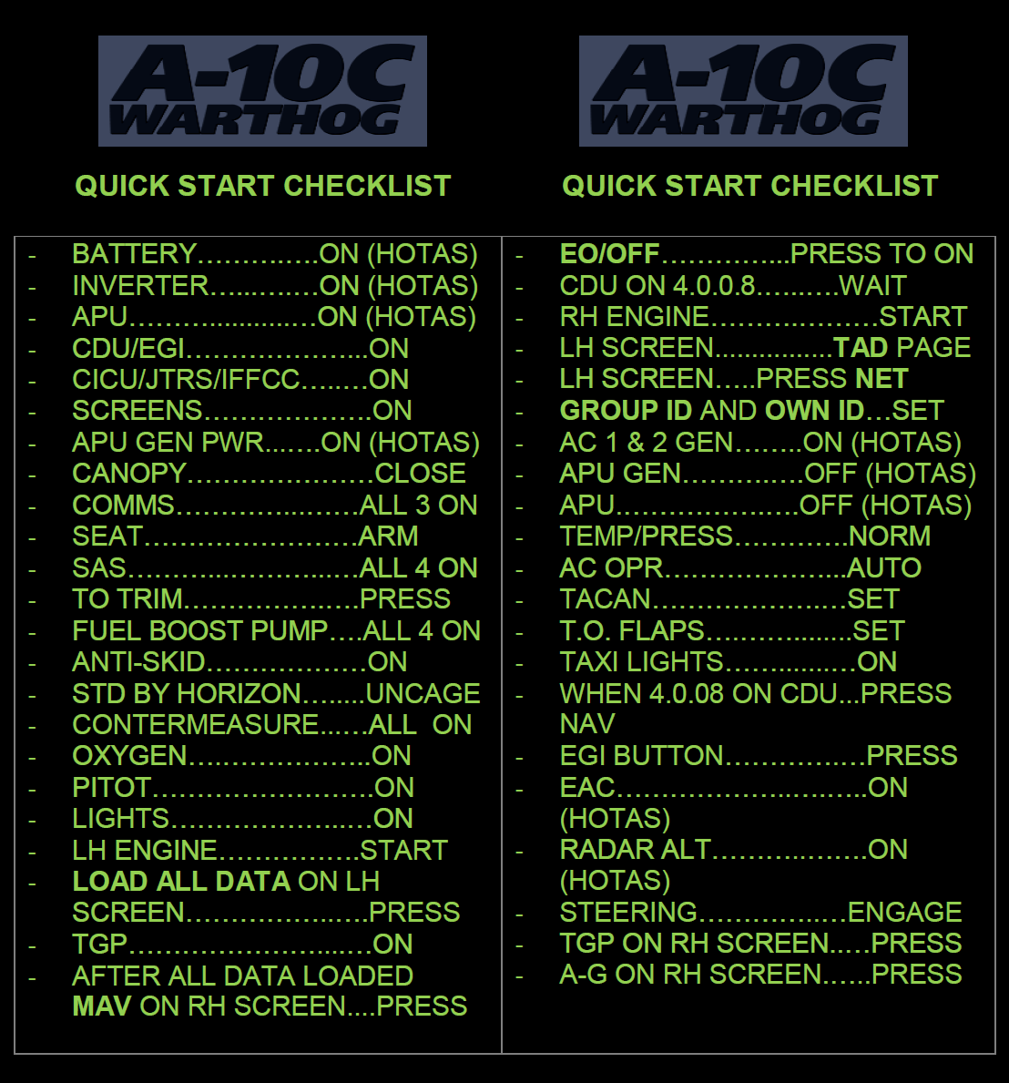 A-10C Quick Checklist for Night Ops.